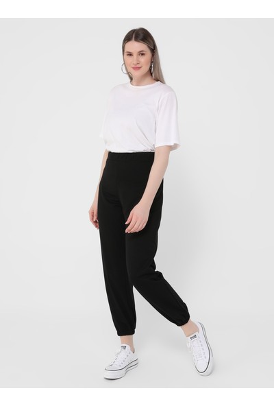 Alia Büyük Beden Pamuklu Beli Lastikli Jogger Pantolon - Siyah - Alia