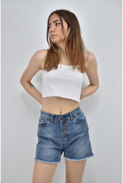 Blue Hill Zidan 3001 Katlamalı Kadın Kot Şort - Mavi