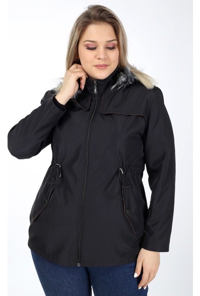 Lilas Xxl Büyük Beden Siyah Renkli Tüylü Kapşonlu Bonding Kaban Lilas Xxl Büyük Beden Siyah Renkli Tüylü Kapşonlu Bonding Kaban