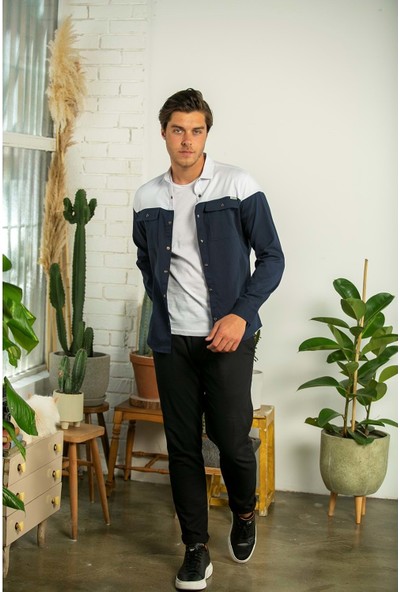 Erkek Lacivert Çift Cepli Slim Fit Çift Renkli Gömlek 6043 Erkek Lacivert Çift Cepli Slim Fit Çift Renkli Gömlek 6043