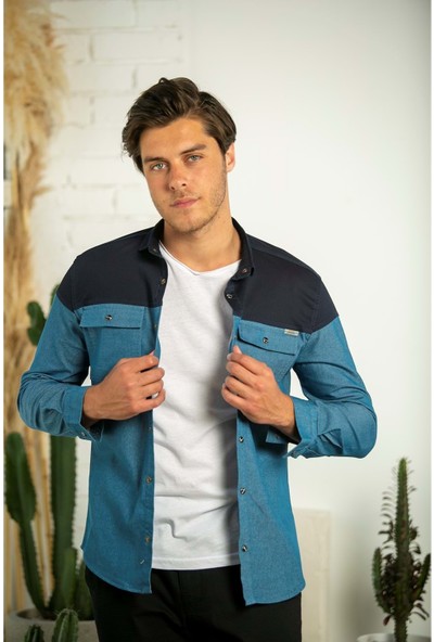 Erkek Mavi Çift Cepli Slim Fit Çift Renkli Gömlek 6043
