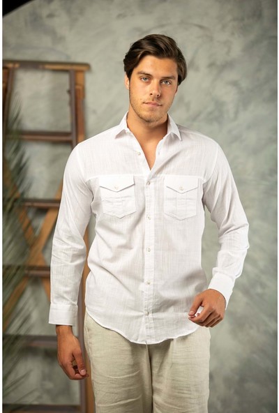 Erkek Beyaz Filamlı Pamuk Keten Klasik Kesim Çift Cepli Basic Gömlek