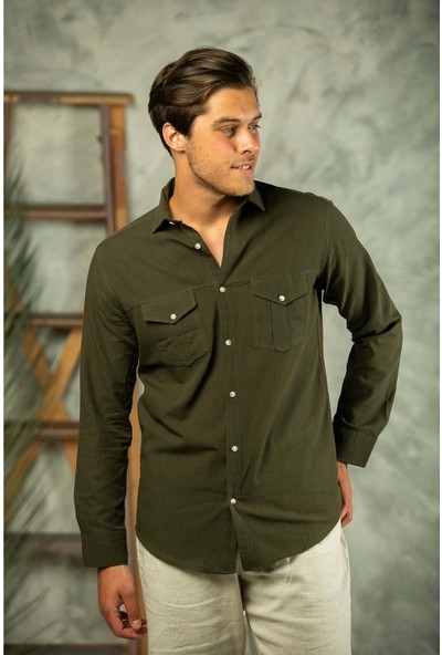 Erkek Haki Filamlı Pamuk Keten Klasik Kesim Çift Cepli Basic Gömlek