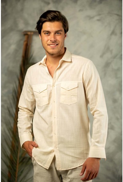 Erkek Krem Filamlı Pamuk Keten Klasik Kesim Çift Cepli Basic Gömlek