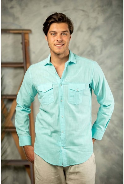 Erkek Su Yeşili Filamlı Pamuk Keten Klasik Kesim Çift Cepli Basic Gömlek Erkek Su Yeşili Filamlı Pamuk Keten Klasik Kesim Çift Cepli Basic Gömlek