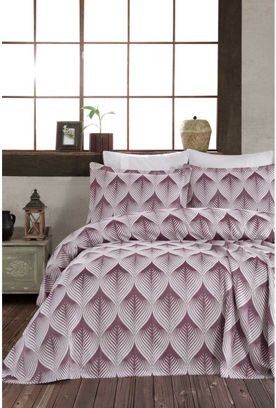 Elart Yatak Örtüsü Takımı Çift Kişilik Jakar Şönil Kumaş Leaf Mürdüm