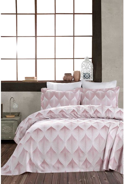 Elart Yatak Örtüsü Takımı Çift Kişilik Jakar Şönil Kumaş Leaf Gülkurusu