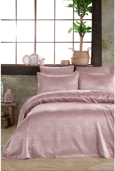 Yatak Örtüsü Takımı Çift Kişilik Jakar Şönil Kumaş Garden Gülkurusu