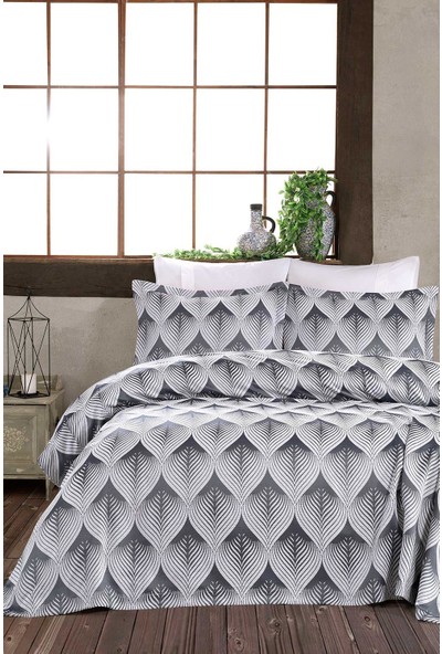 Elart Yatak Örtüsü Takımı Çift Kişilik Jakar Şönil Kumaş Leaf Antrasit