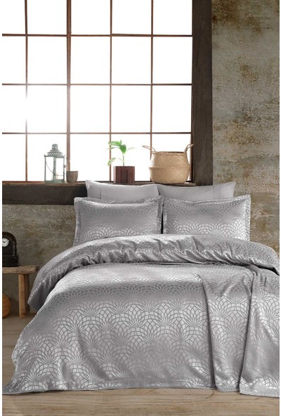 Elart Yatak Örtüsü Takımı Çift Kişilik Jakar Şönil Kumaş Garden Gümüş