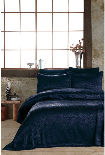 Elart Yatak Örtüsü Takımı Çift Kişilik Jakar Şönil Kumaş Garden Lacivert