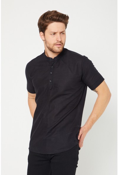 Uzun Kollu Hakim Yaka Yarım Pat Düğmeli Keten Gömlek