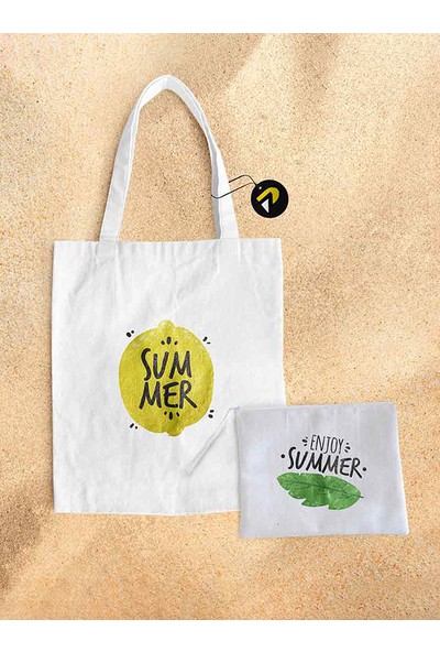 Postermanya Summer Limon Tasarımlı Bez Kanvas Plaj Çantası Seti