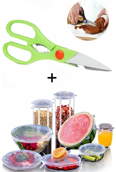 Tilbe Home Mutfak Makası Çok Amaçlı Kapak Açıcı Ceviz Kırıcı Et Kesme Makası + 6'lı Silikon Streç Kapak Bonesi Seti Tilbe Home Mutfak Makası Çok Amaçlı Kapak Açıcı Ceviz Kırıcı Et Kesme Makası + 6'lı Silikon Streç Kapak Bonesi Seti