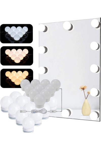 Buffer Nostalji Hollywood Tarzı 10'lu Makyaj Masası Aynası 3 Fonksiyonlu Beyaz LED Işıklı Lamba USB Buffer Nostalji Hollywood Tarzı 10'lu Makyaj Masası Aynası 3 Fonksiyonlu Beyaz LED Işıklı Lamba USB