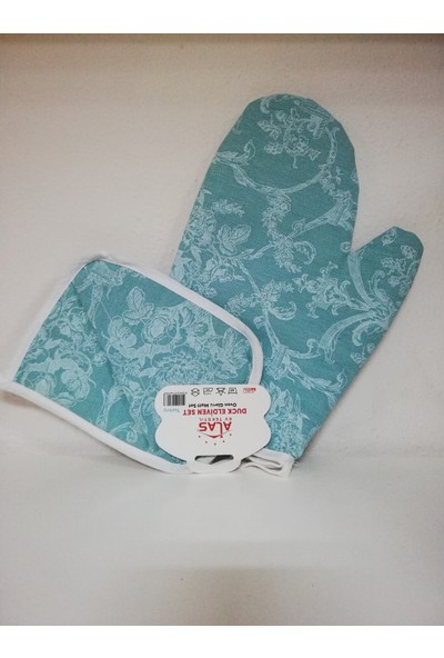 ALAS Yüksek Isıya Dayanıklı, Desenli, Süngerli Lüks Fırın Eldiveni ve Tutacak Set -Mavi Renk