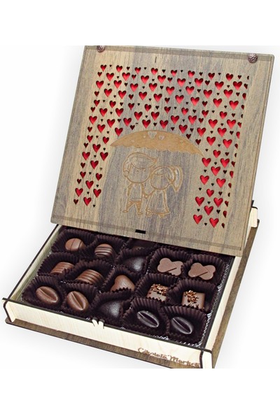 Çikolata Marketi Aşk Yağmuru ... Ahşap Kutulu Sevgiliye Hediyelik Kalpli Çikolata
