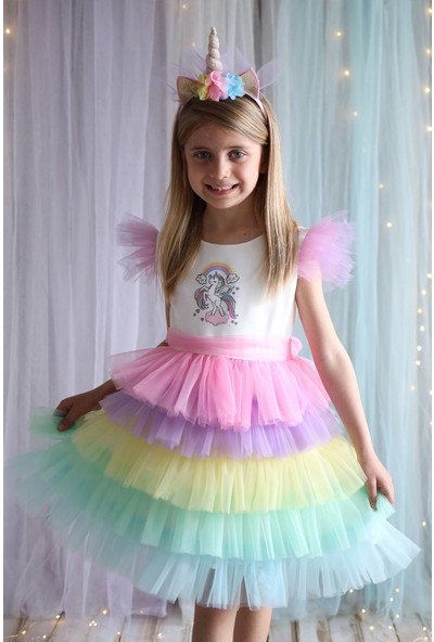 Tütü Etekli Unicorn Parti Elbisesi - Taçlı Tütü Etekli Unicorn Parti Elbisesi - Taçlı