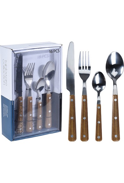 Koopman 16 Parça Ahşap Saplı Çatal Kaşık Bıçak Takımı