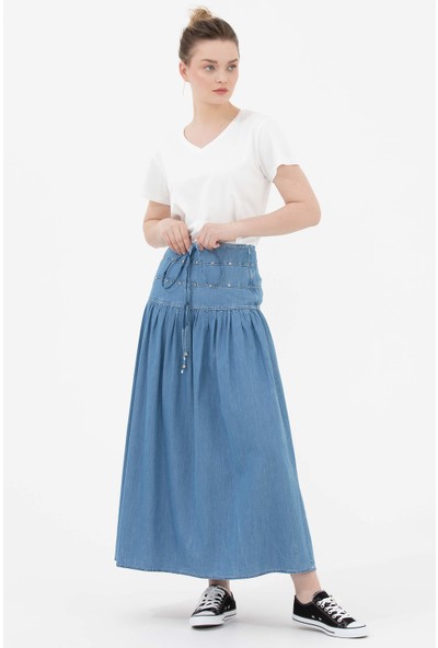 Sementa Robalı Taş Detaylı Uzun Denim Etek - Buz Mavi