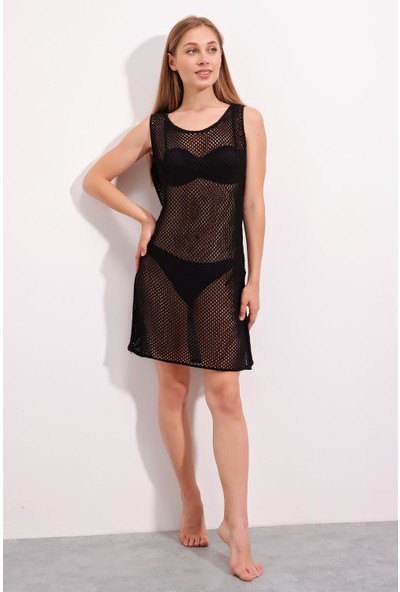 Chuba Kadın Siyah New Summer File Örgü Yırtmaçlı Kısa Plaj Elbisesi 21S704