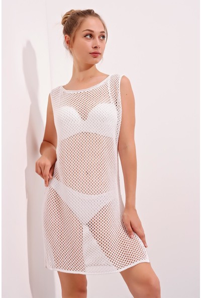 Chuba Kadın Beyaz New Summer File Örgü Yırtmaçlı Kısa Plaj Elbisesi 21S704
