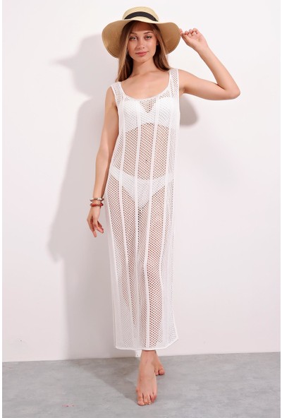 Chuba Kadın Beyaz New Summer File Örgü Yırtmaçlı Uzun Plaj Elbisesi 21S703
