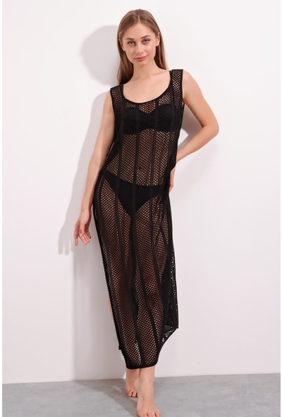 Chuba Kadın Siyah New Summer File Örgü Yırtmaçlı Uzun Plaj Elbisesi 21S703