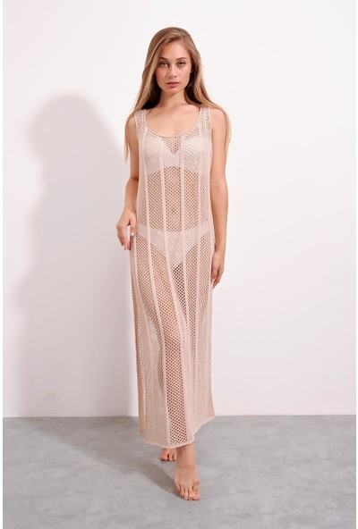 Chuba Kadın Açık Bej New Summer File Örgü Yırtmaçlı Uzun Plaj Elbisesi 21S703