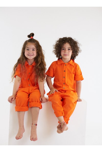 Catz Kids Turuncu Şile Bezi Yakalı Cepli Tulum