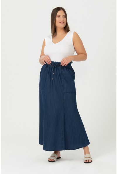 GALAXI Kadın Büyük Beden Rahat Kesim Etek 305212001313 Indigo