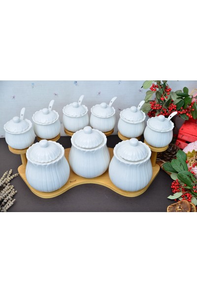 Acar Bambu Tepsi Stantlı 9'lu Papatya Porselen Baharatlık