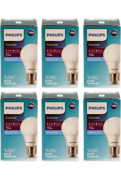 Philips Essential LED Ampul 8W - 60W E27 Beyaz Işık (6 Lı Paket ) Philips Essential LED Ampul 8W - 60W E27 Beyaz Işık (6 Lı Paket )