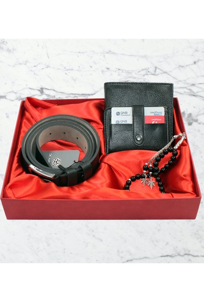 Bosphorus Concept Sevdiklerinize Özel Şık Cüzdan,kartlık,tesbih ve Kemer Armağan Seti-Siyah