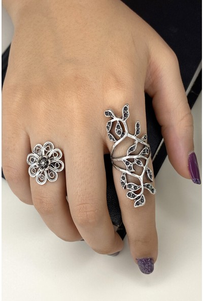 Mooni Accessories Sarmaşık Antik ve Çiçek Gümüş Kaplama Ayarlanabilir Yüzük Seti Mooni Accessories Sarmaşık Antik ve Çiçek Gümüş Kaplama Ayarlanabilir Yüzük Seti