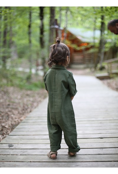 Haki Şile Bezi Yakalı Cepli Tulum