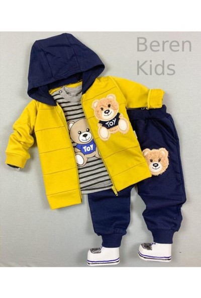 Ayıcık Desenli Kapşonlu 3'lü Bebek Alt Üst Takım