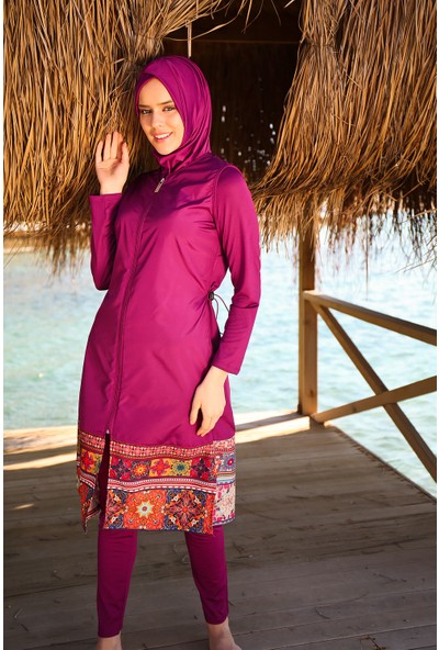 Etek Ucu Desenli Tasarım Fermuarlı Tam Kapalı Tesettür Mayo 4'lü Set Marina Mayo 1982 Mürdüm Etek Ucu Desenli Tasarım Fermuarlı Tam Kapalı Tesettür Mayo 4'lü Set Marina Mayo 1982 Mürdüm