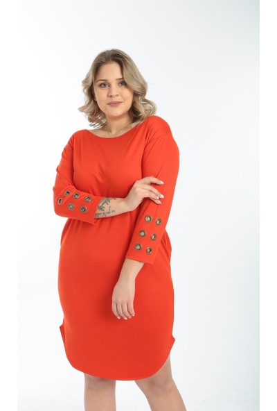 Golshan Kuş Gözü Desen Büyük Beden Nar Çiçeği Elbise