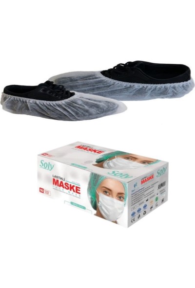 KF Medikal Tela Galoş Beyaz Nonwoven 1000 Adet + Soly 3 Katlı Meltblown Beyaz Maske 50 Adet