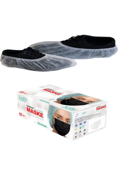 KF Medikal Tela Galoş Beyaz Nonwoven 1000 Adet + Soly 3 Katlı Ultrasonic Telli Siyah Maske 50 Adet KF Medikal Tela Galoş Beyaz Nonwoven 1000 Adet + Soly 3 Katlı Ultrasonic Telli Siyah Maske 50 Adet
