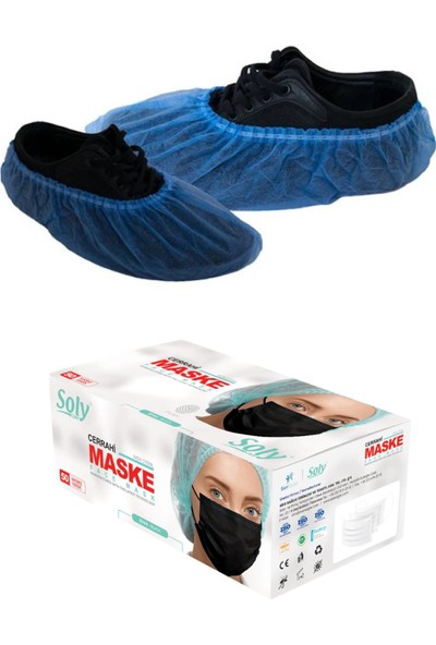 KF Medikal Tela Galoş Mavi Nonwoven 1000 Adet + Soly 3 Katlı Telli Siyah Maske 50 Adet KF Medikal Tela Galoş Mavi Nonwoven 1000 Adet + Soly 3 Katlı Telli Siyah Maske 50 Adet