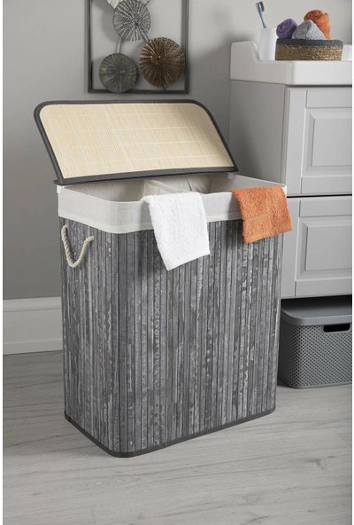 Homenıva El Yapımı Bambu Iki Bölmeli Çamaşır Sepeti