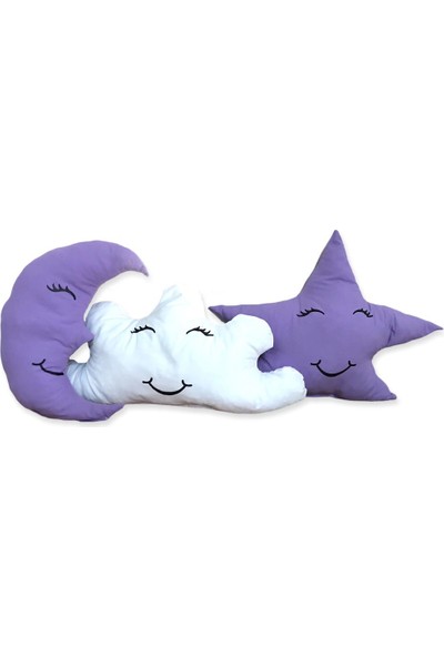 Bebek Özel Ay Bulut Yıldız Uyku Arkadaşları Süs Yastıkları (Lila-Beyaz-Lila)