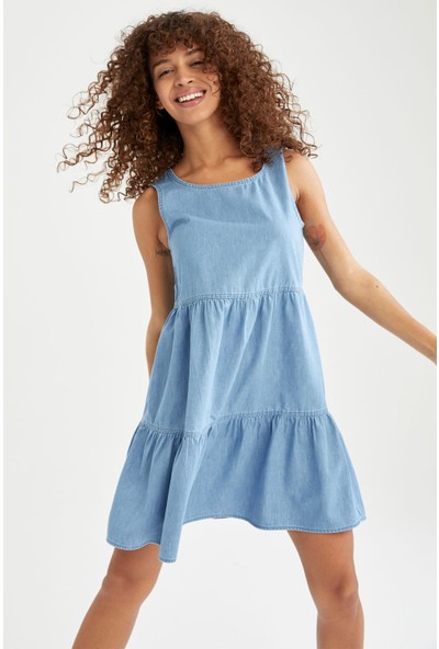 DeFacto Bisiklet Yaka Volanlı Jean Elbise U1705AZ21HS