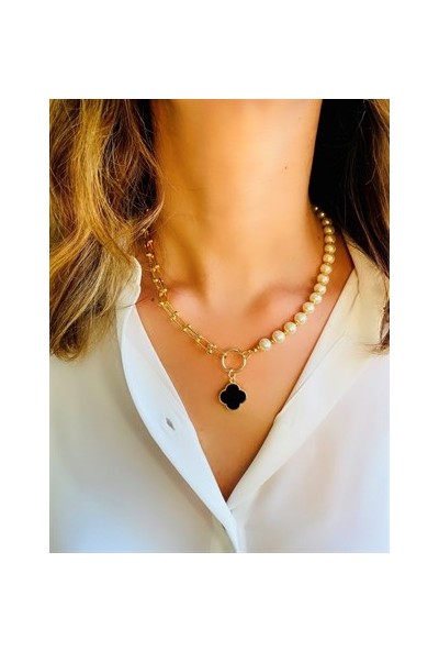 Doğu Gümüş Tifany Cleaf Incili Trend Şık Tasarım Kolye