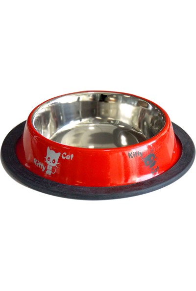 Tommy Kedi Desenli Çelik Mama Kabı Kırmızı 8 Oz