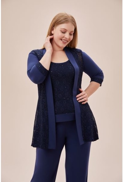 Oleg Cassini Lacivert Dantel Detaylı Şifon Büyük Beden Pantolon Ceket Takım
