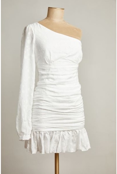 OLEG CASSINI TR Beyaz Tek Omuz Şifon Kısa Mini Gelinlik