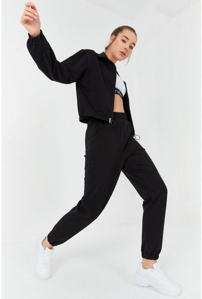 Tommy Life Siyah Kadın Beli Lastikli Fermuarlı Dik Yaka Rahat Form Eşofman Takımı - 95296